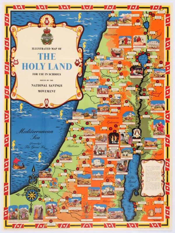 Biblical map of the land of Israel decorated with illustrations of ...