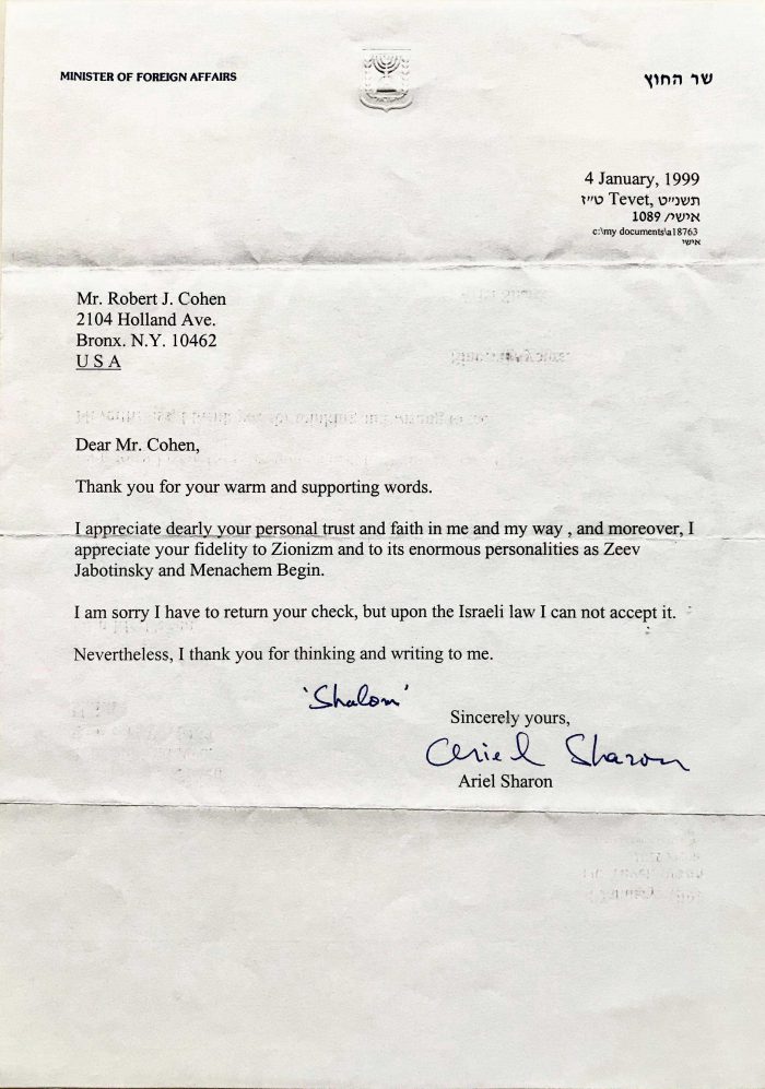 Ariel Sharon Interesting Signed letter About Jabotinsky & Begin 1999 ...